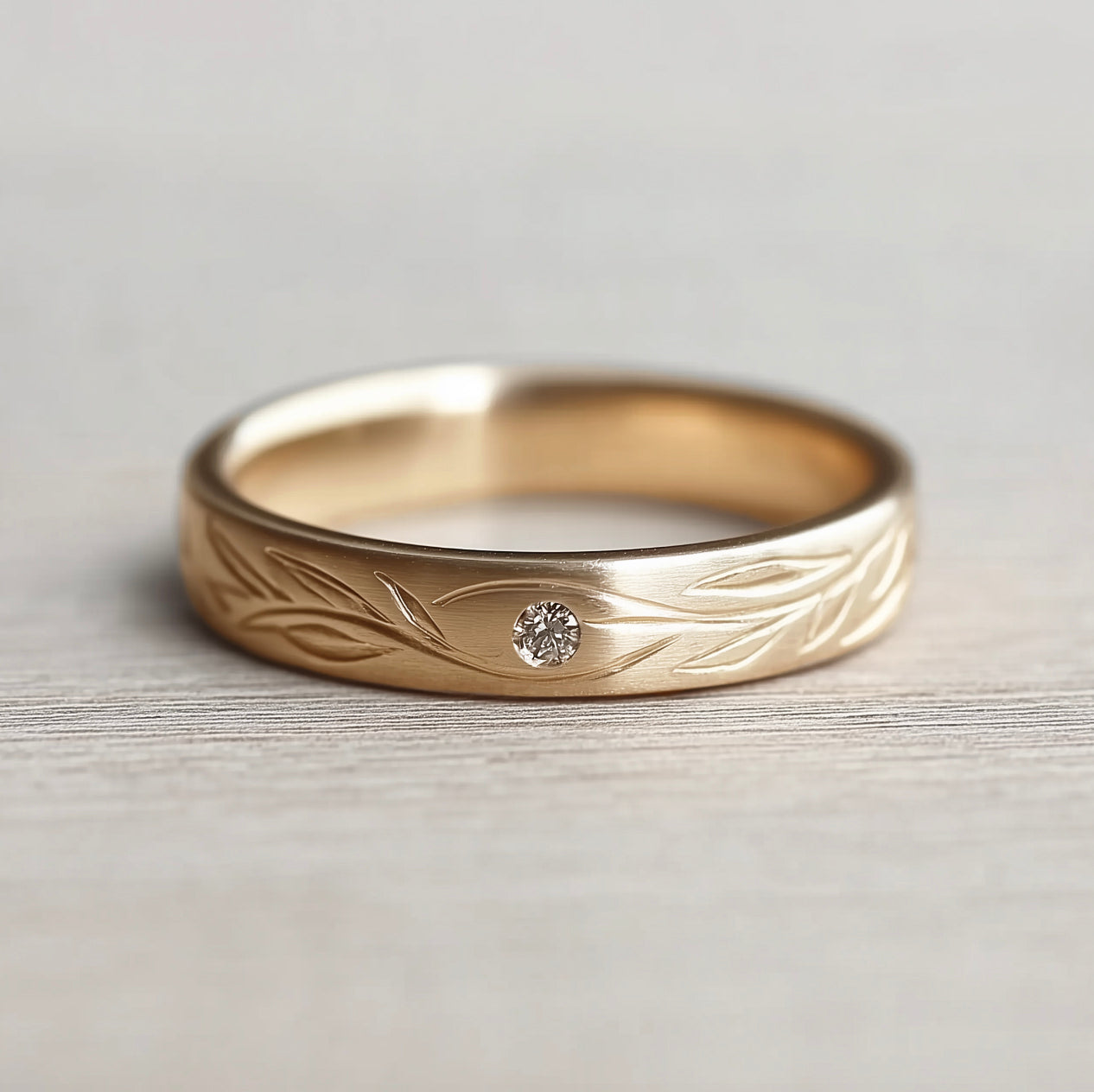 14k Gold Wedding Band, Simple Wide Diamond Engraved Band For Men and W