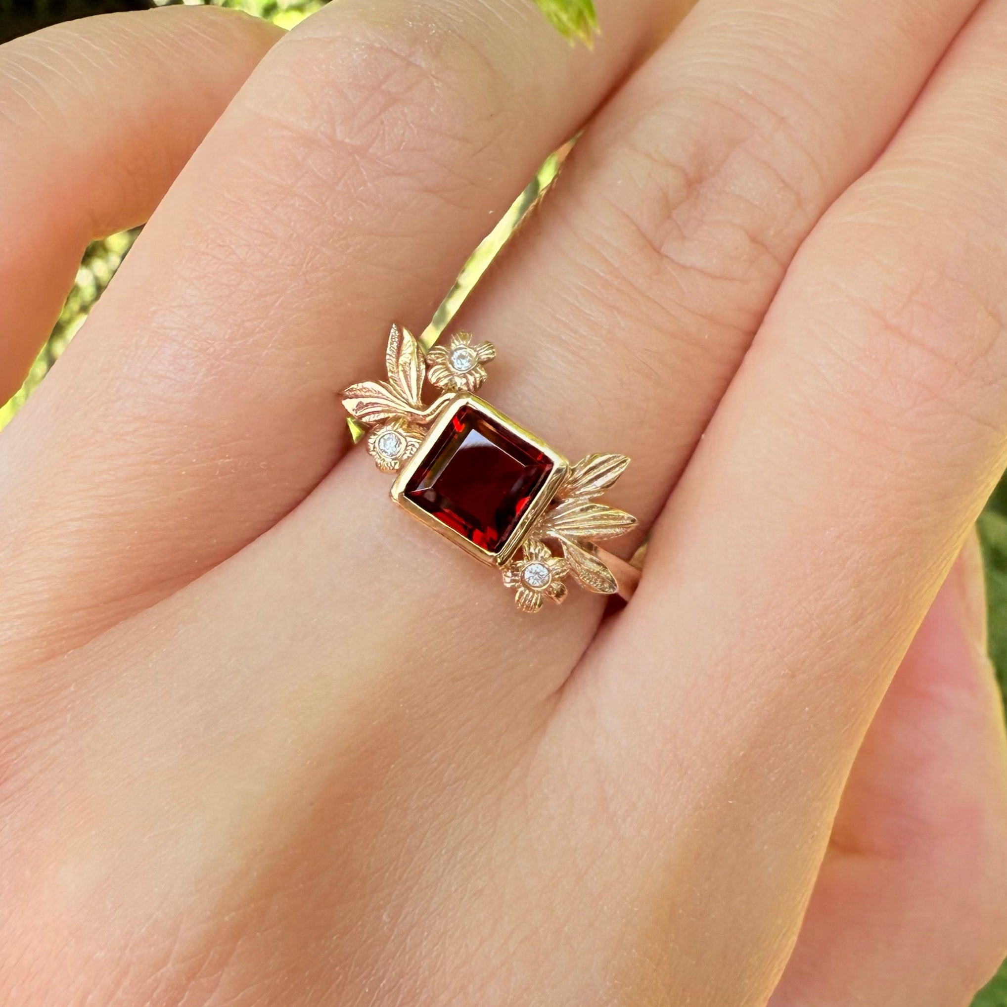 Solid Gold Red Square Garnet Ring, Red Garnet engagement ring, Garnet
