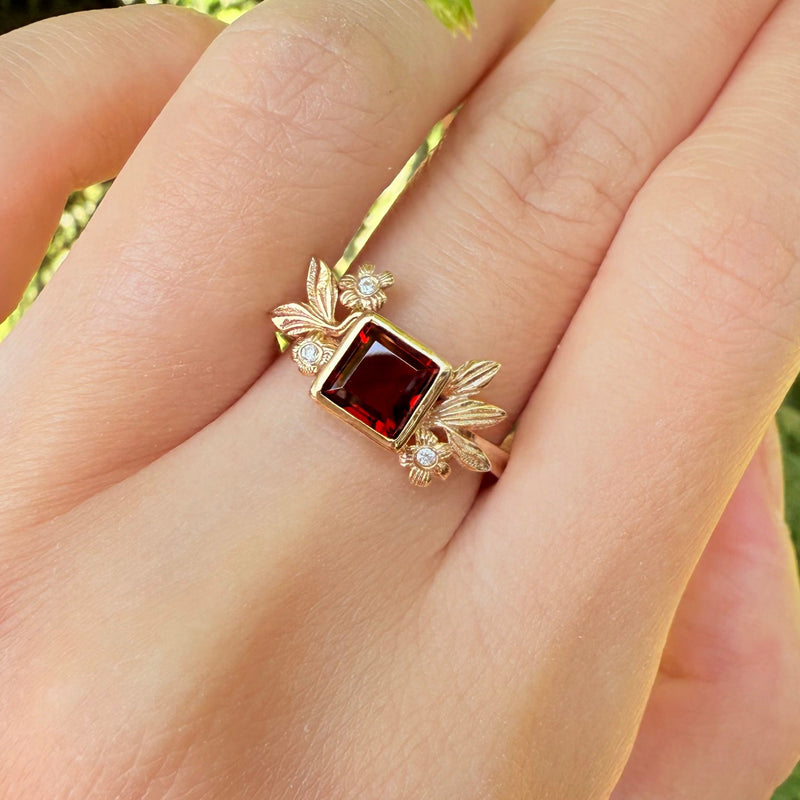 Solid Gold Red Square Garnet Ring, Red Garnet engagement ring, Garnet