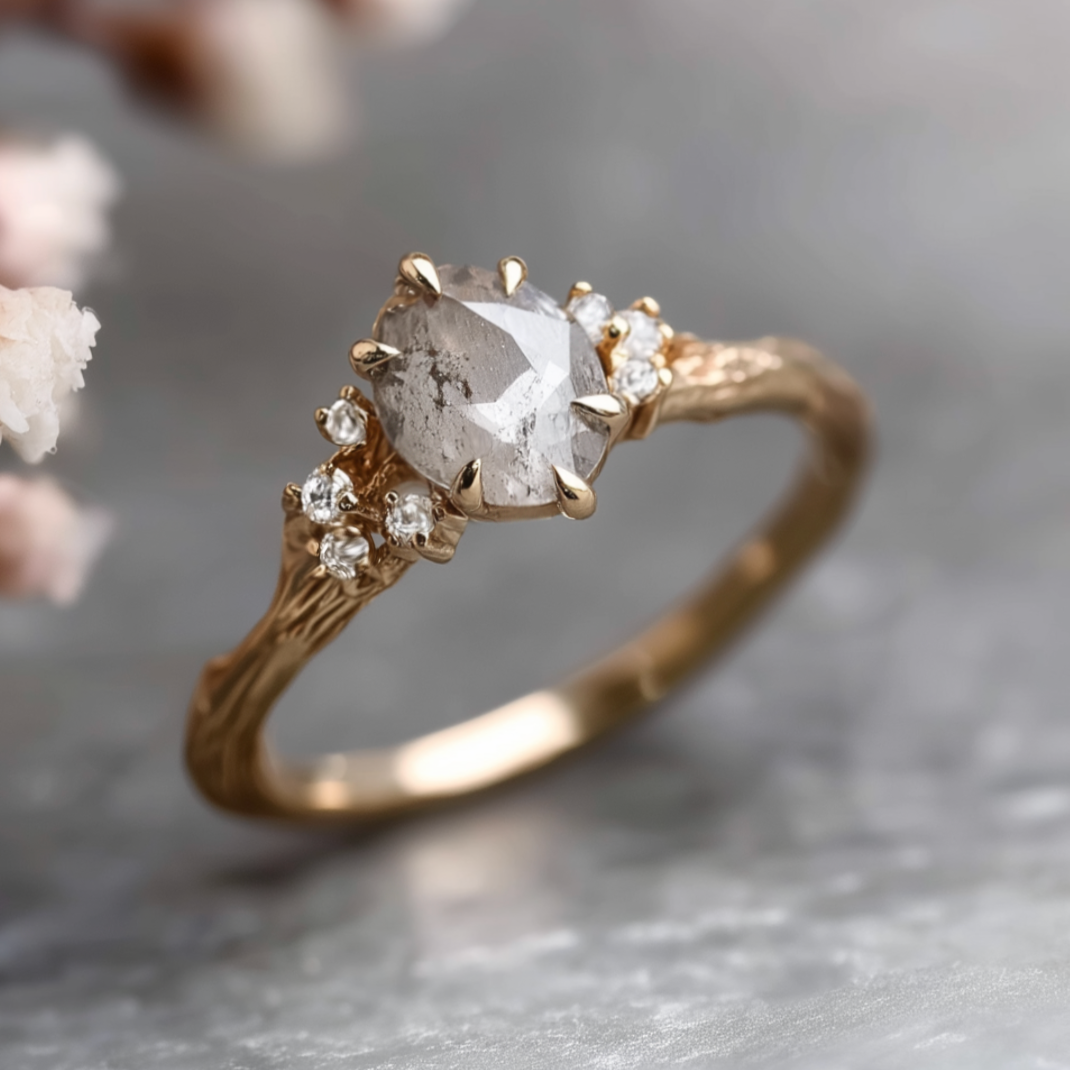Twilight Veil Twig Salt and Pepper Diamond Ring, Diamond Engagement Ri