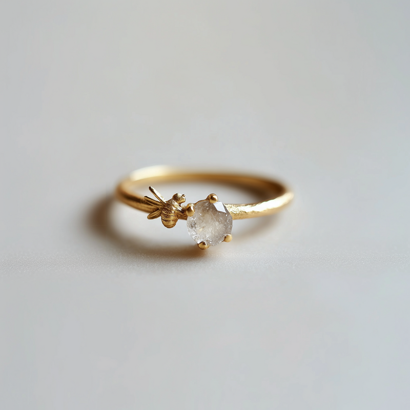 Little Bee Ring with Raw Diamond, Unique Raw Diamond Engagement Ring,