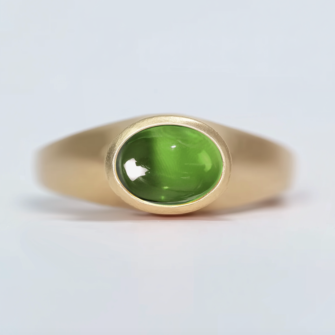 Oval Green Peridot ring, Solid Yellow Gold Peridot Signet ring