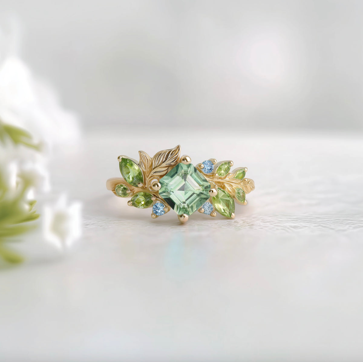 Mint Green Tourmaline Engagement Ring, Multicolor birthstone Engagemen