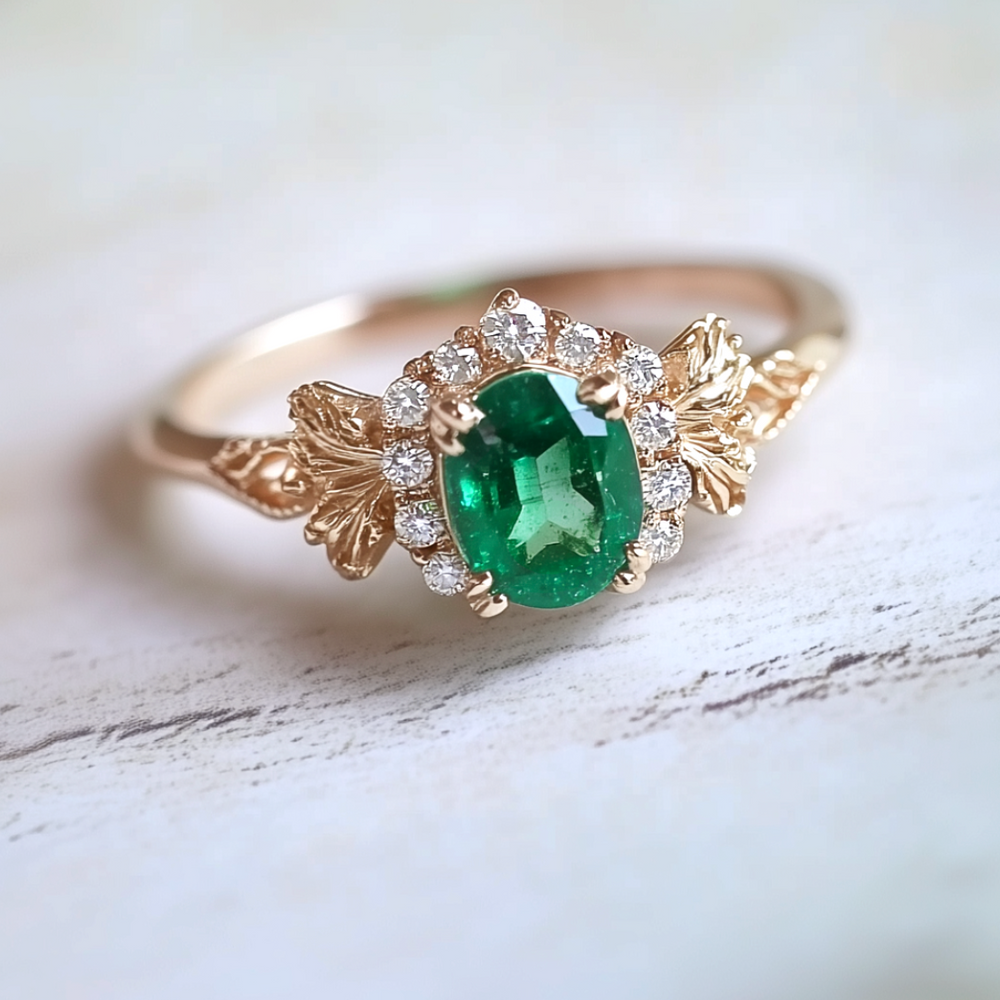 Aeris Emerald Engagement Ring, Solid Gold Emerald Wedding Ring, Real E
