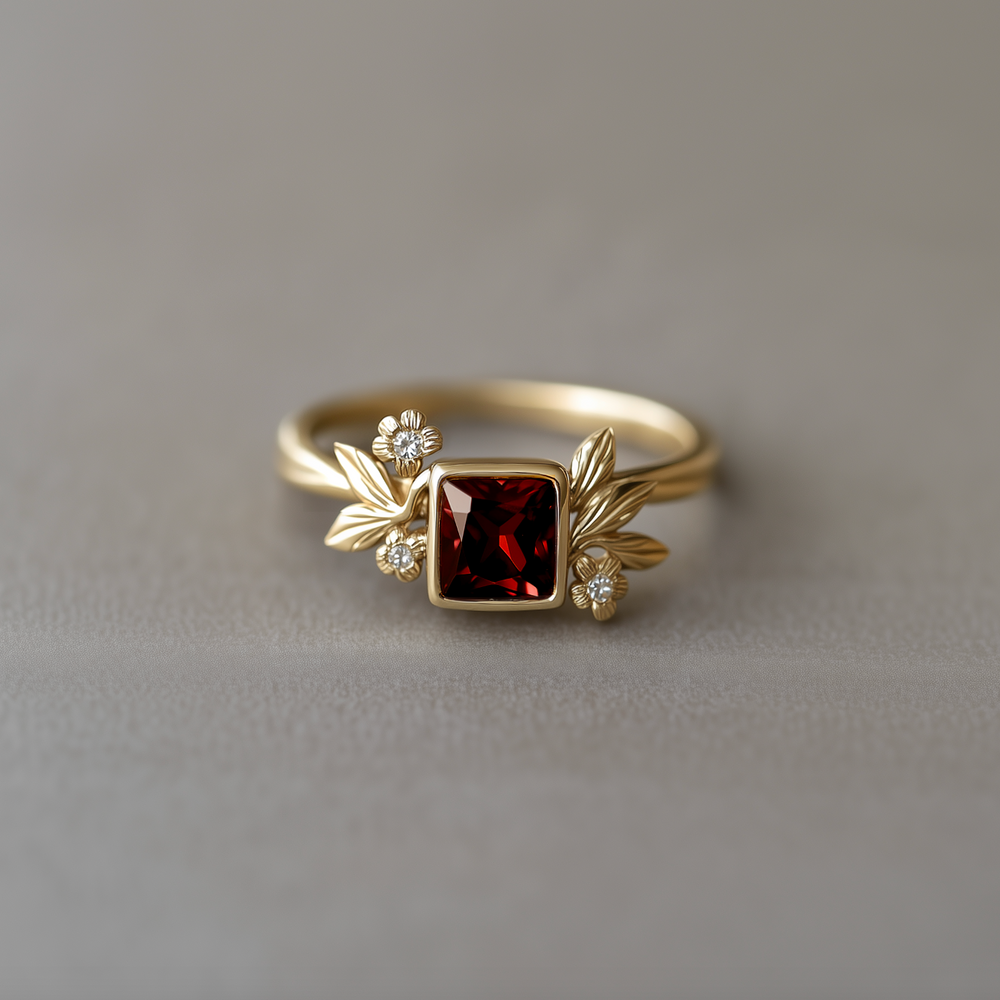 Solid Gold Red Square Garnet Ring, Red Garnet engagement ring, Garnet