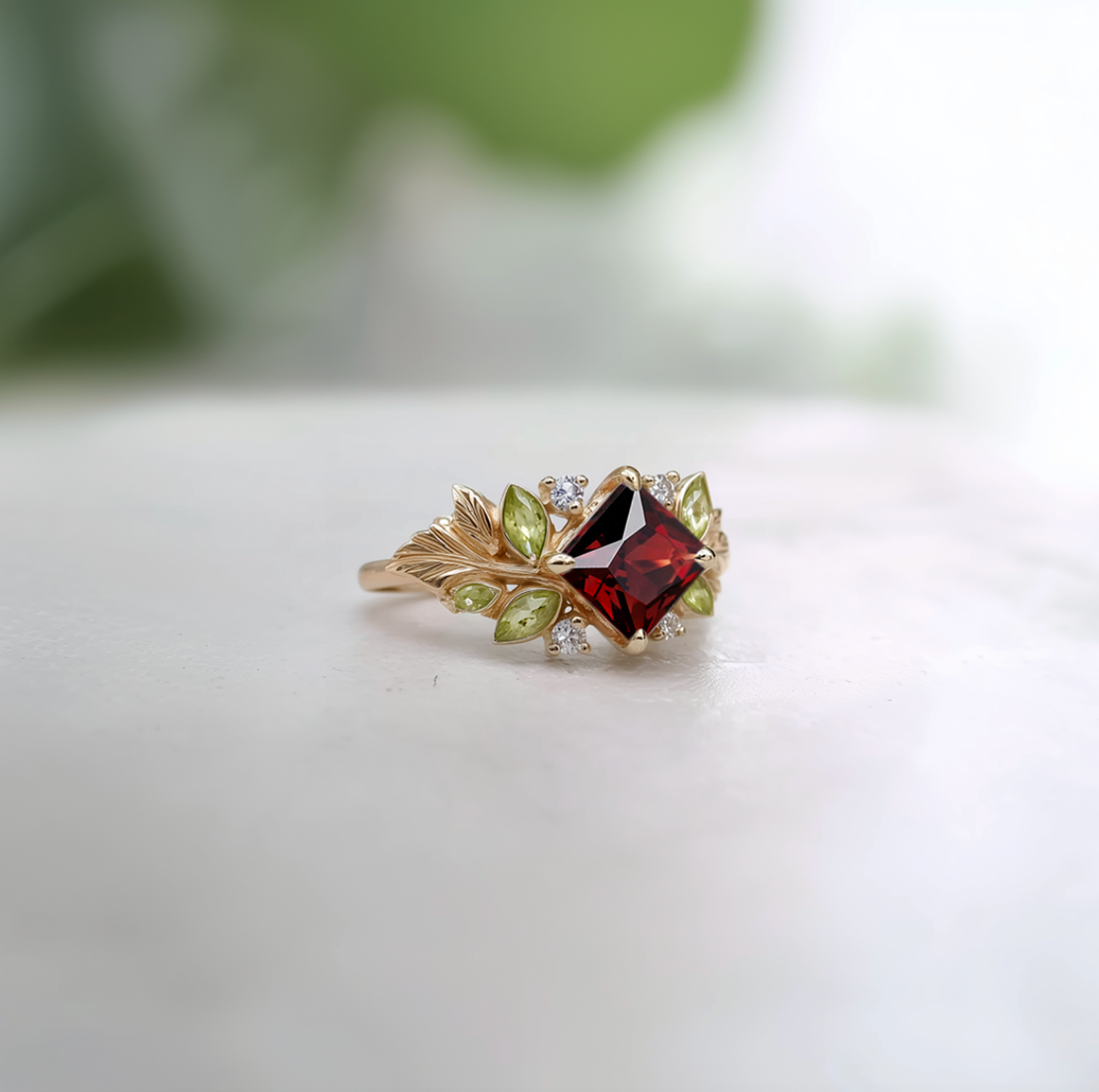 Solid Gold red Garnet Ring, Deep red Garnet engagement ring, Square Ga ...