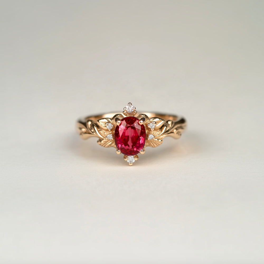 Botanic Ember Ruby Ring, Vintage Style Ruby Ring, Oval Ruby engagement